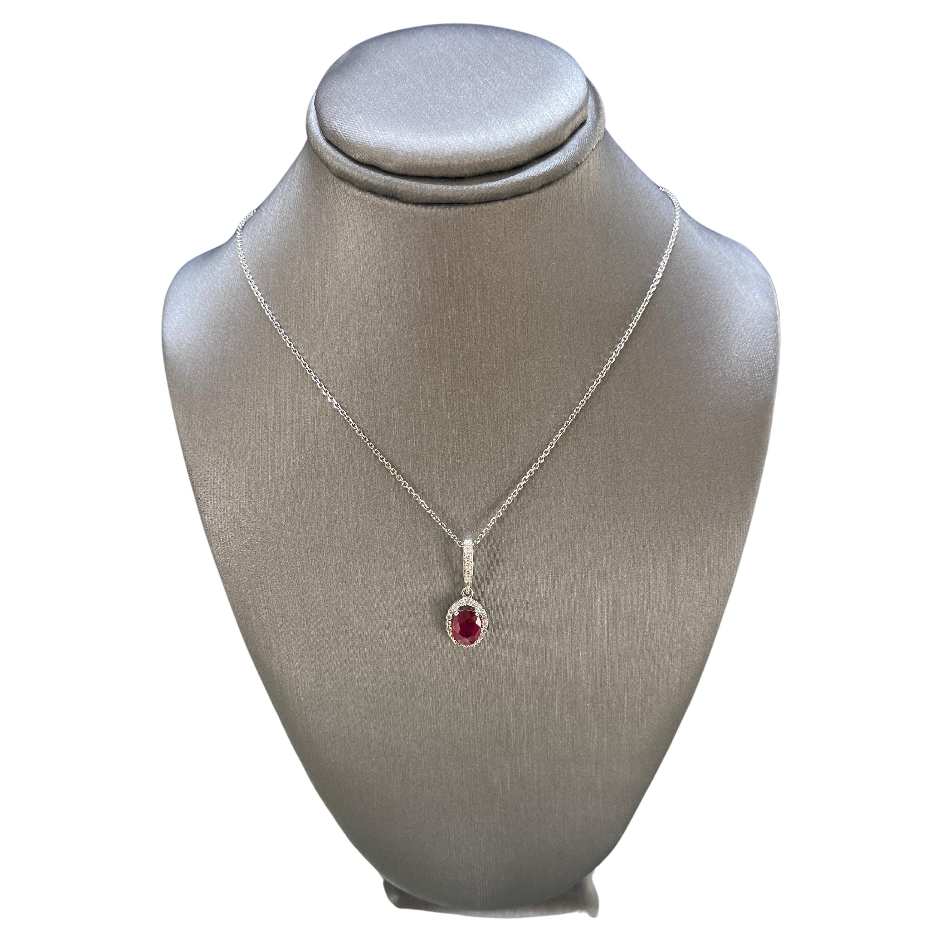 14K White Gold Oval 1.16 Carat Ruby and .25 CTW Diamond Pendant ...