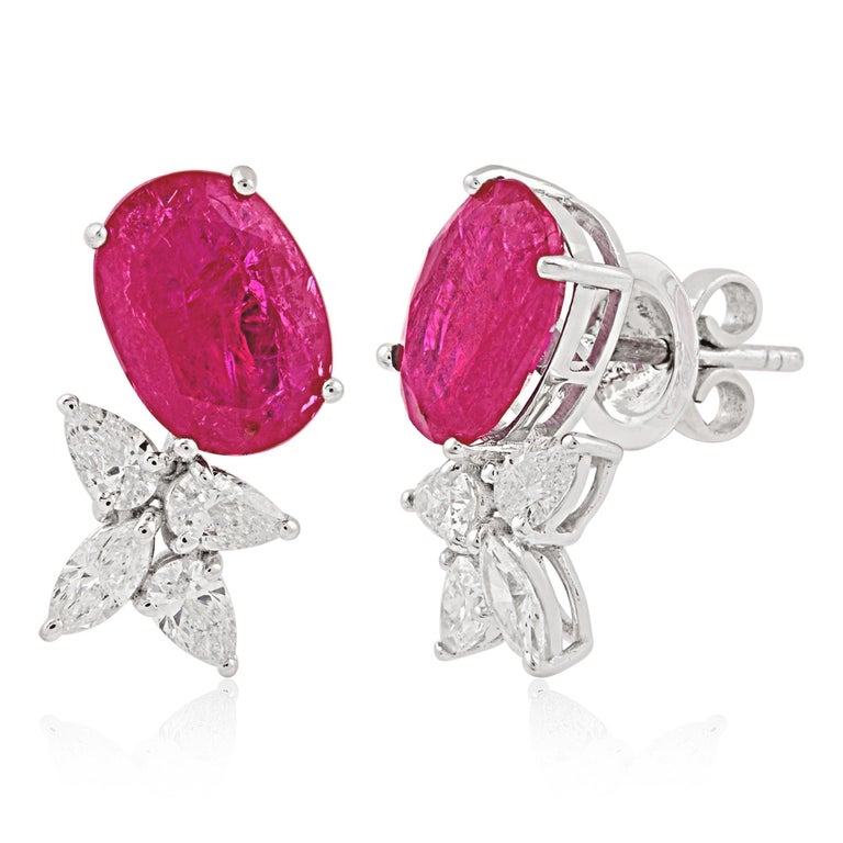 14k White Gold Oval Shape Ruby Gemstone Stud Earrings Diamond Pave Fine ...