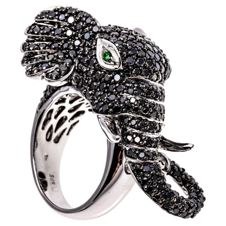 14k White Gold Pave Black Diamond Elephant Head Ring, App. 2.01 TCW For ...