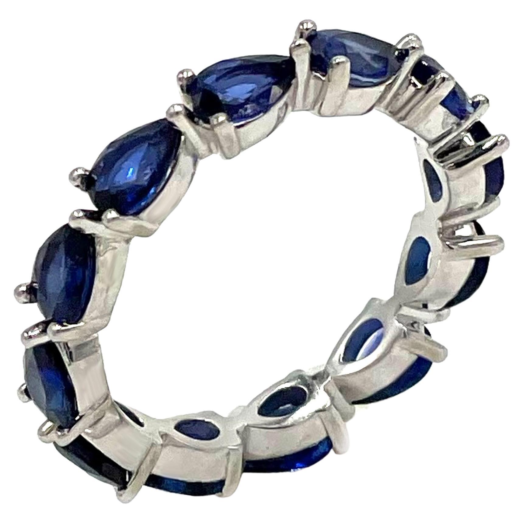 Pear Shaped Blue Sapphire and Diamonds Eternity Band Ring 14K White ...
