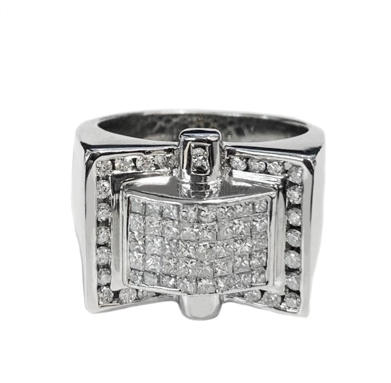 14k White Gold Rectangle Ring with Diamonds, Custom Made For Sale at ...