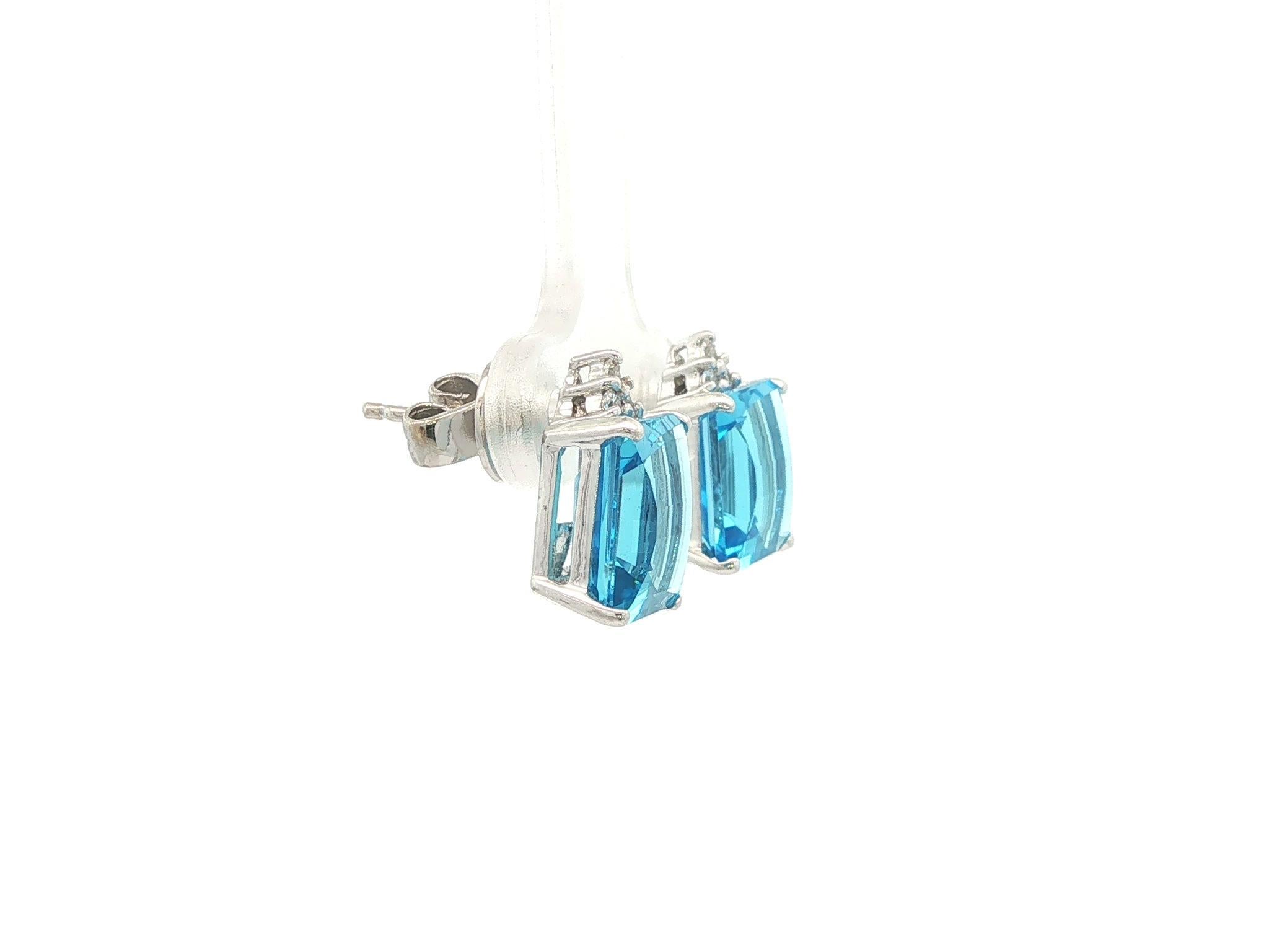 14k White Gold Rectangular Vivid Swiss Blue Topaz w/ White Topaz Stud ...