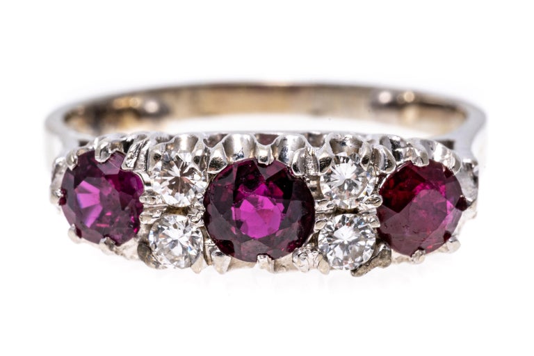 14k White Gold Retro Style Alternating Ruby and Diamond Band Ring For ...