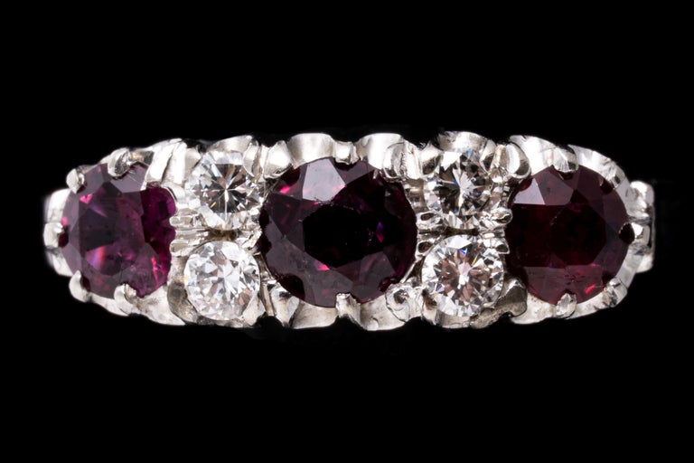 14k White Gold Retro Style Alternating Ruby and Diamond Band Ring For ...