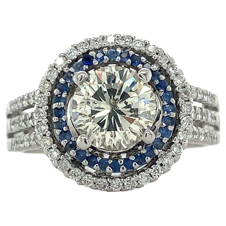14k White Gold Round Diamond W/ Double Halo Sapphire and Diamond ...