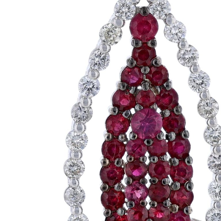 14K White Gold Ruby Diamond Teardrop Earrings, 4.40ct For Sale at 1stDibs