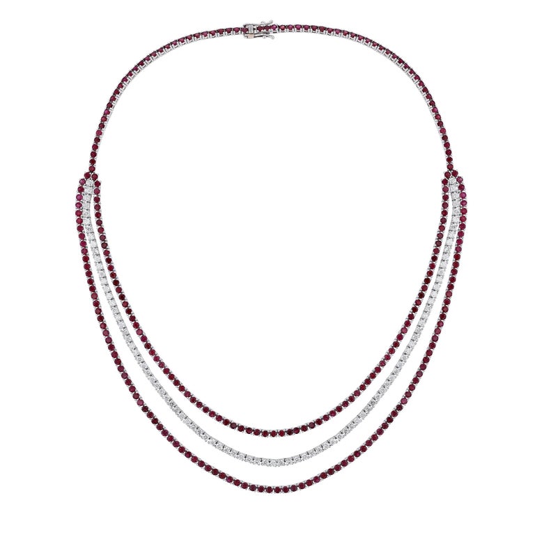 14K White Gold Ruby Diamond Triple Strand Necklace For Sale at 1stDibs