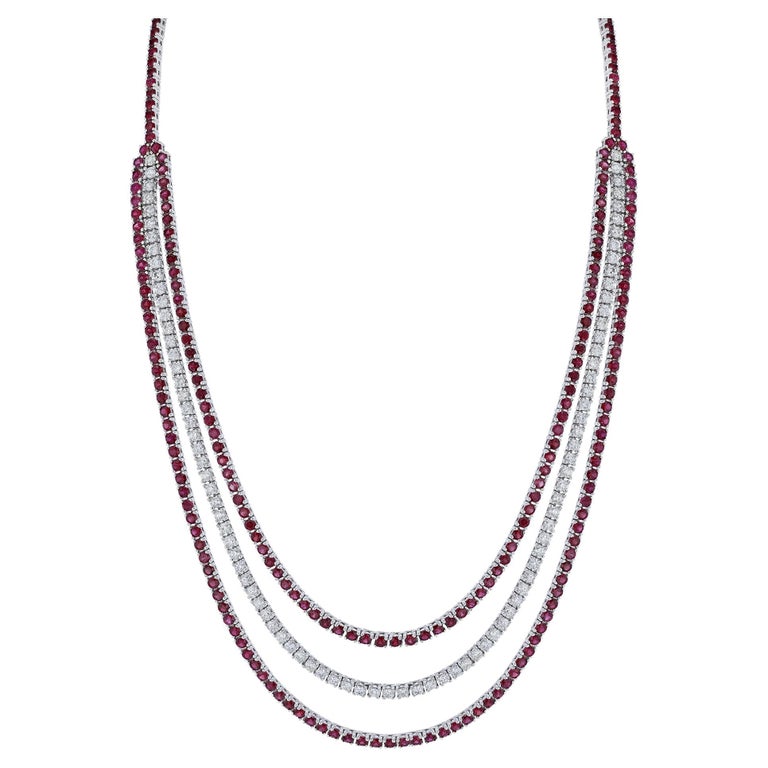 14K White Gold Ruby Diamond Triple Strand Necklace For Sale at 1stDibs