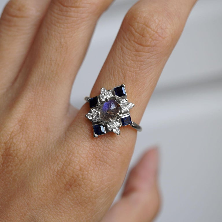 14 Karat White Gold Sapphire Labradorite Diamond Ring For Sale at 1stDibs