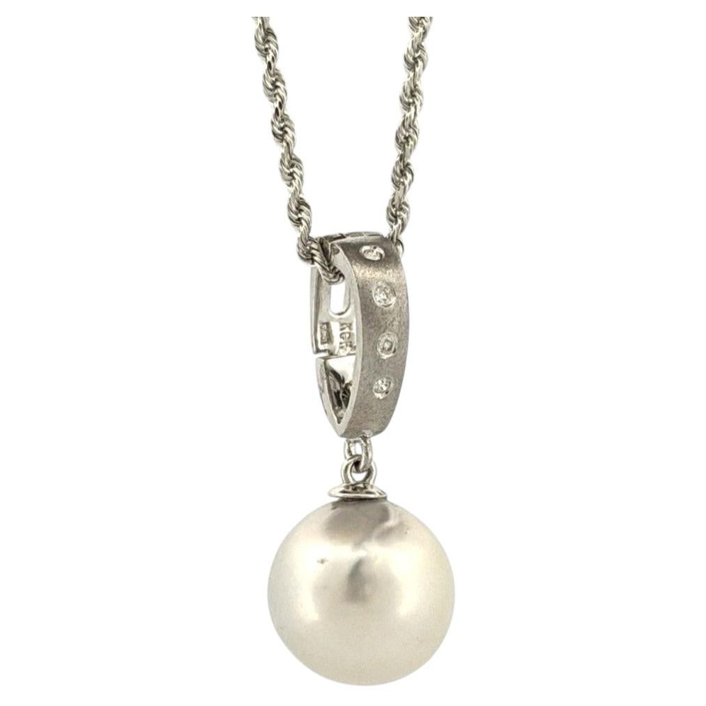 18K White Gold South Sea Pearl Diamond Pendant Necklace Italian 0.15 ...