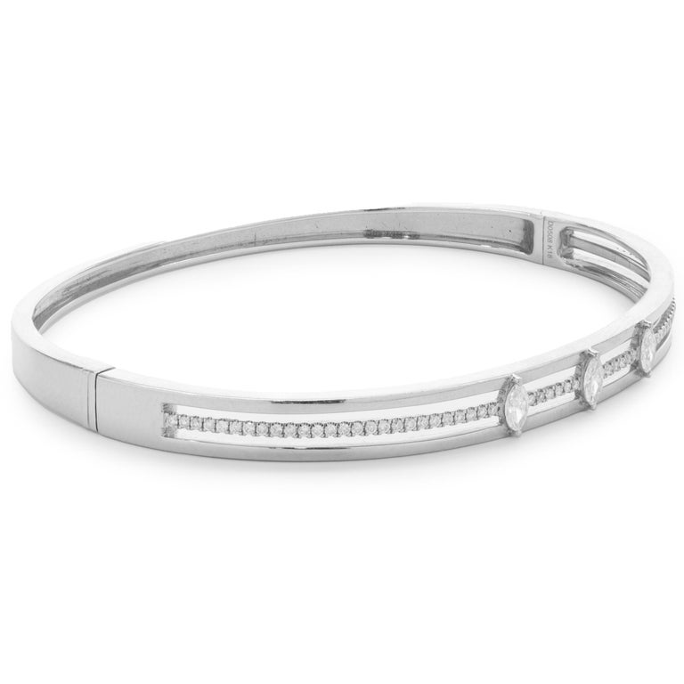 18k White Gold Three Row Diamond Bangle Bracelet with Marquise Diamond ...