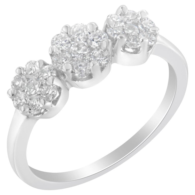 Customizable 14K White Gold Three-Stone Cluster 0.7 Carat Diamond Ring ...