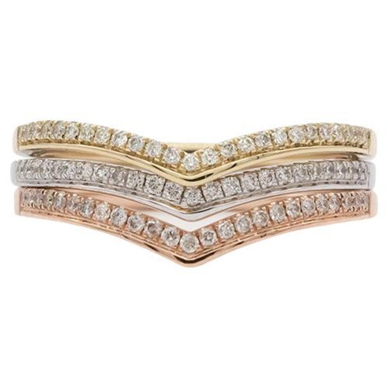 14k White Yellow and Rose Gold Diamond Chevron Stacking Fashion Rings ...