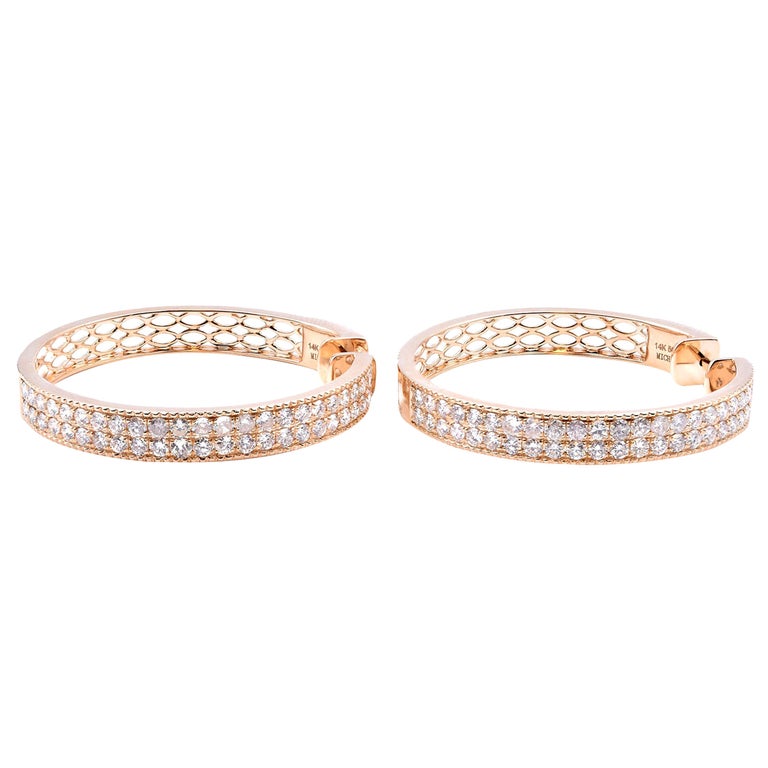 14 Karat Yellow Diamond Double Row Hoop Earrings at 1stDibs