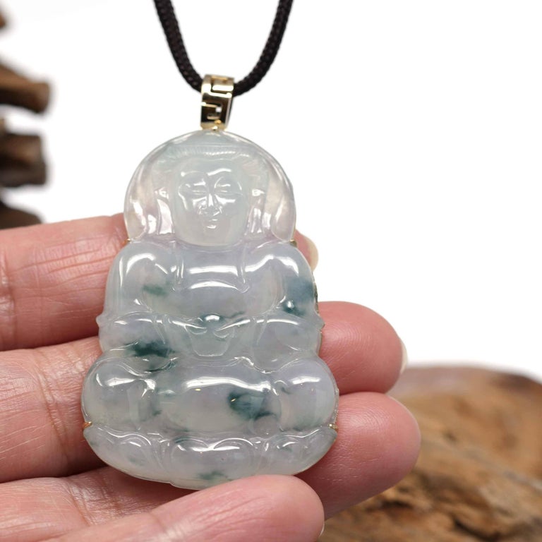 14k Yellow "Goddess of Compassion" Genuine Burmese Jadeite Jade Guanyin ...