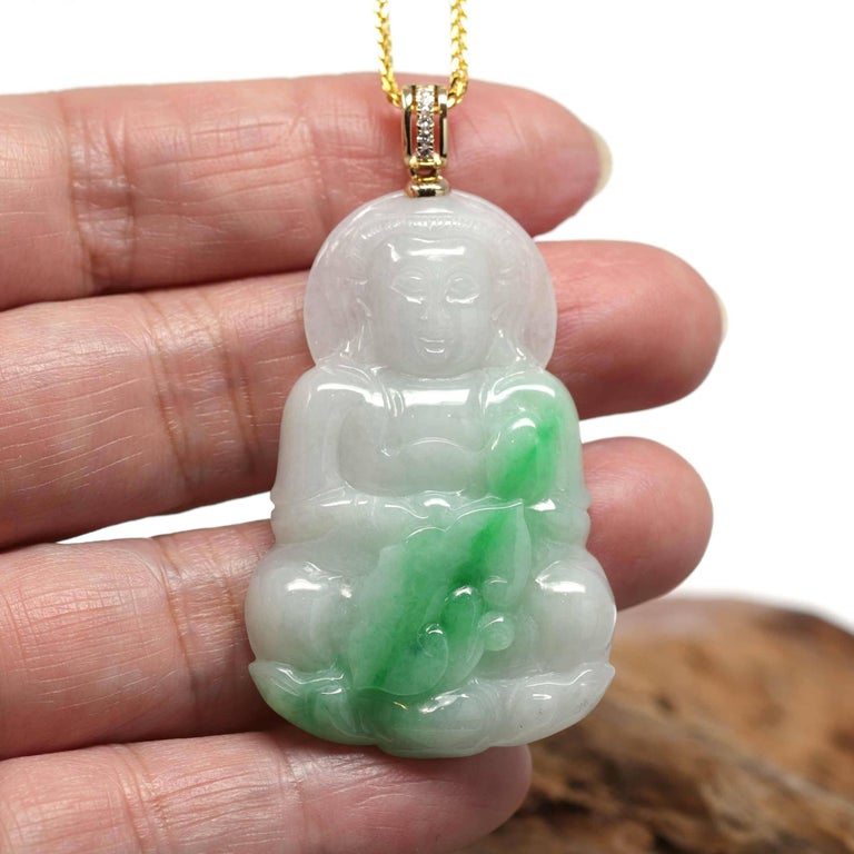 14k Yellow "Goddess of Compassion" Genuine Burmese Jadeite Jade Guanyin ...