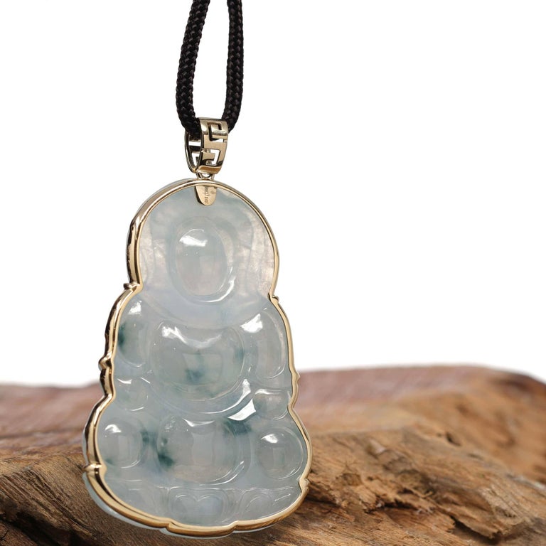 14k Yellow "Goddess of Compassion" Genuine Burmese Jadeite Jade Guanyin ...