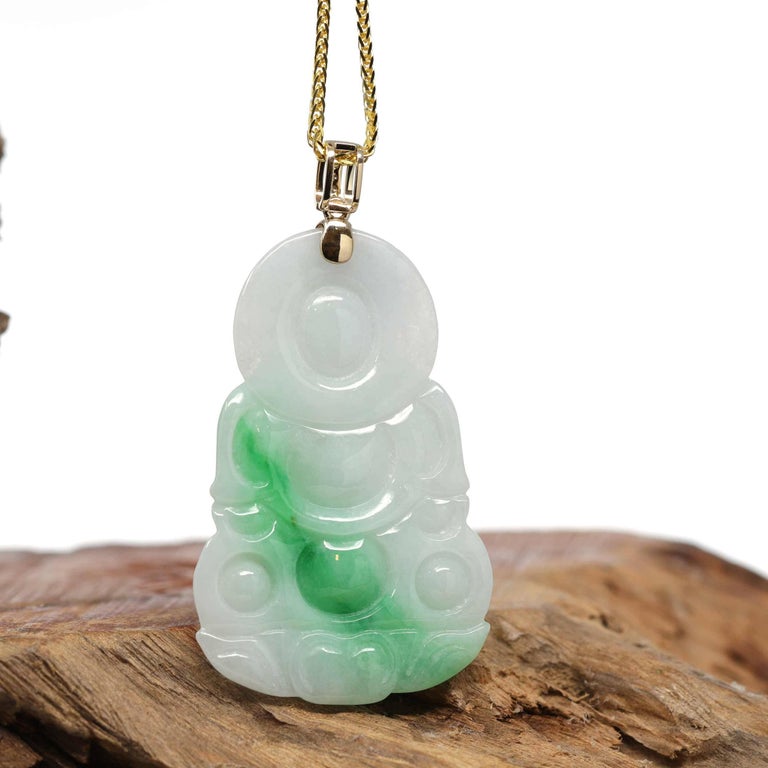 14k Yellow "Goddess of Compassion" Genuine Burmese Jadeite Jade Guanyin ...