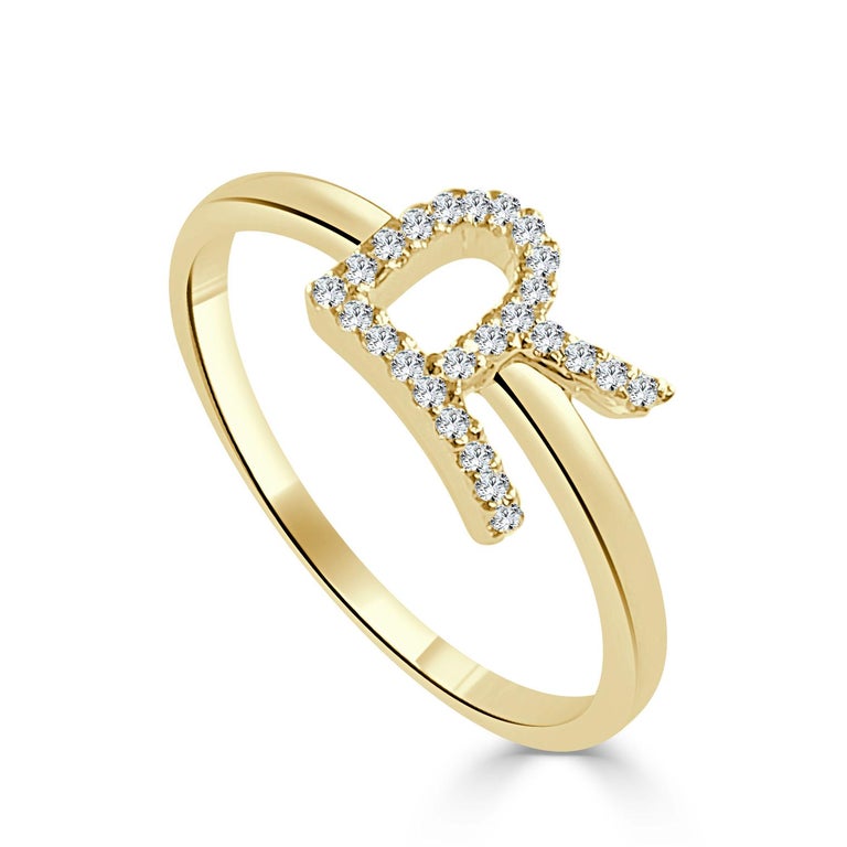 14K Yellow Gold 0.05ct Diamond Initial R Ring for Her For Sale at 1stDibs