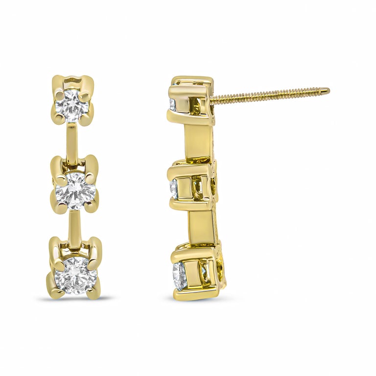 14K Yellow Gold 1/2 Carat Diamond 3 Stone Graduated Linear Drop Stud ...