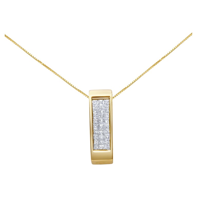 14K Yellow Gold 1/2 Carat Diamond Vertical Bar Block Pendant Necklace ...