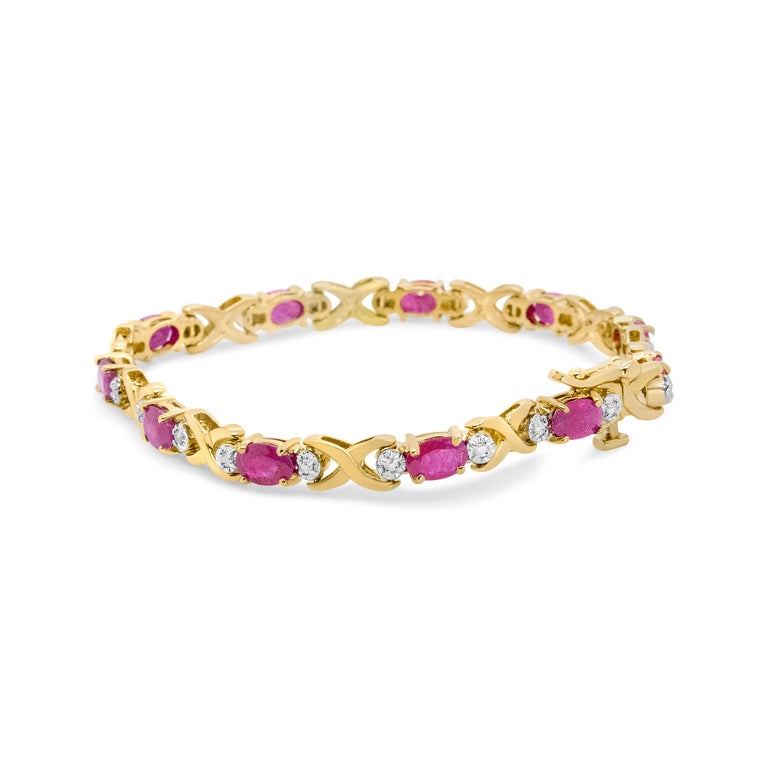 14K Yellow Gold 1/4 Carat Diamond and Oval Red Ruby Alternating X Link Bracelet For Sale at 1stDibs