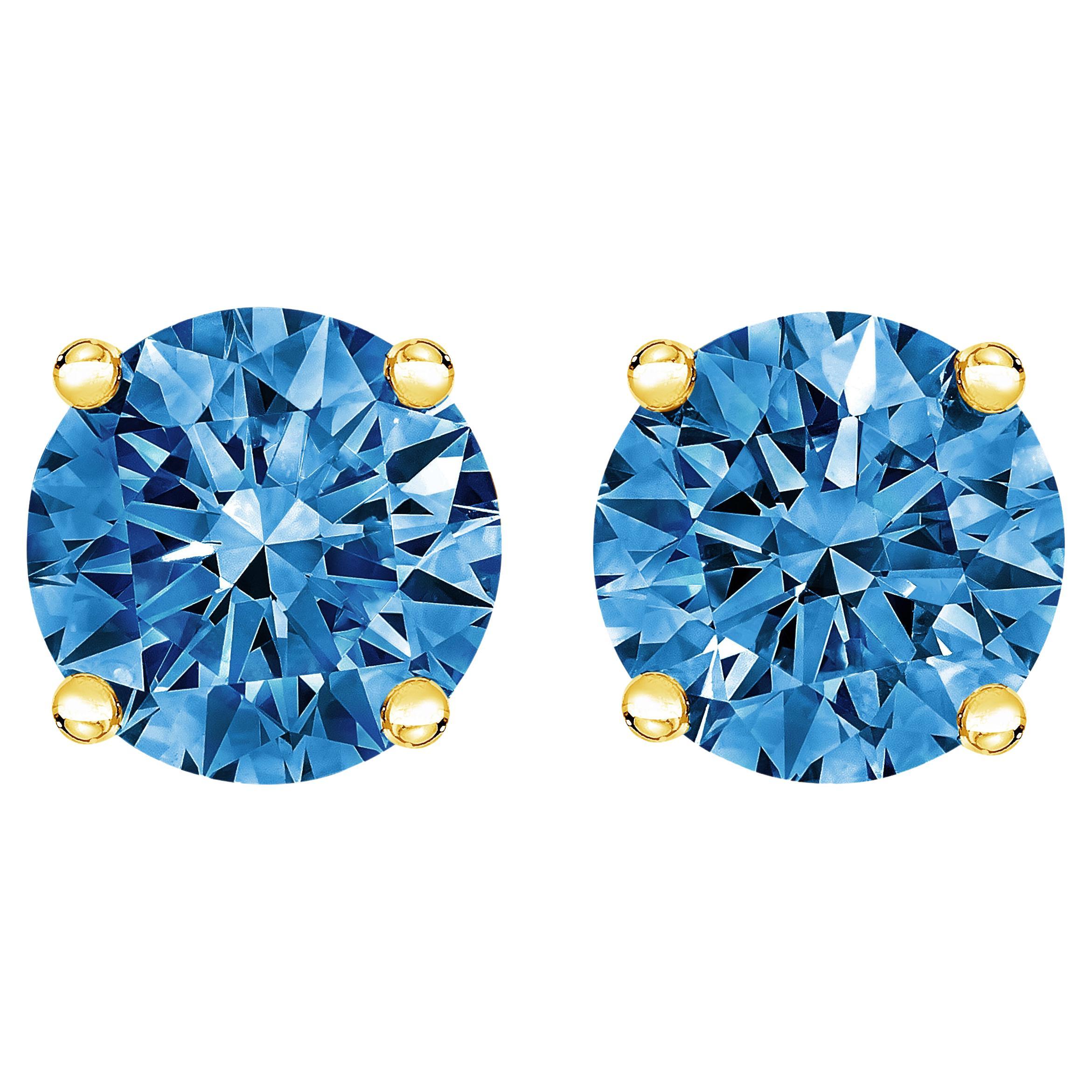 14K Yellow Gold 1.0 Carat Lab Grown Blue Diamond Classic Solitaire Stud Earrings For Sale at 1stDibs