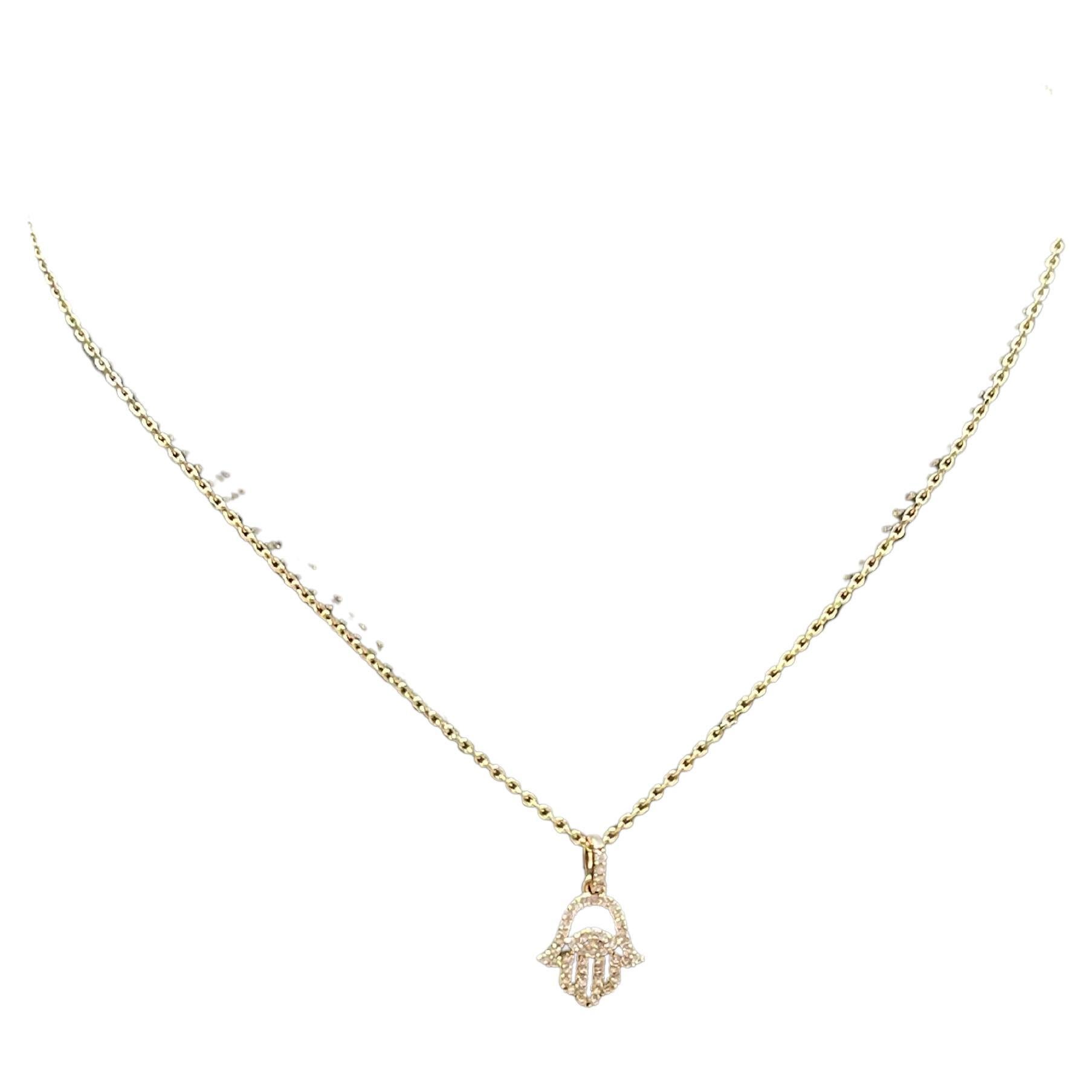 14K Yellow Gold Cluster Diamond Hamsa Pendant Necklace For Sale at 1stDibs