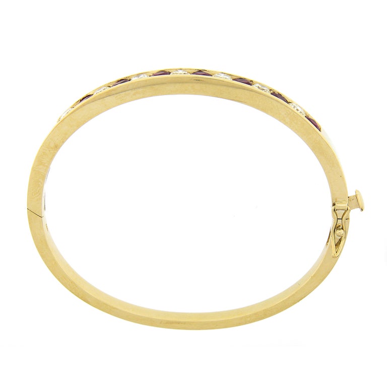 14k Yellow Gold 4.25ct Alternating Ruby and Diamond Channel Hinged Bangle Bracelet For Sale at ...