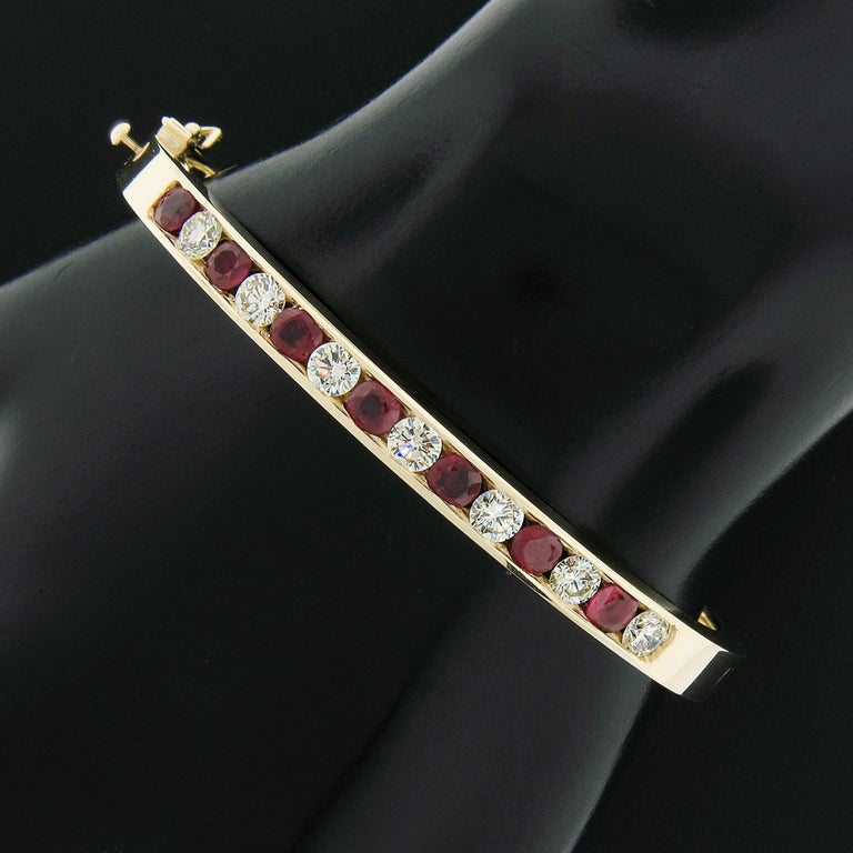 14k Yellow Gold 4.25ct Alternating Ruby and Diamond Channel Hinged Bangle Bracelet For Sale at ...