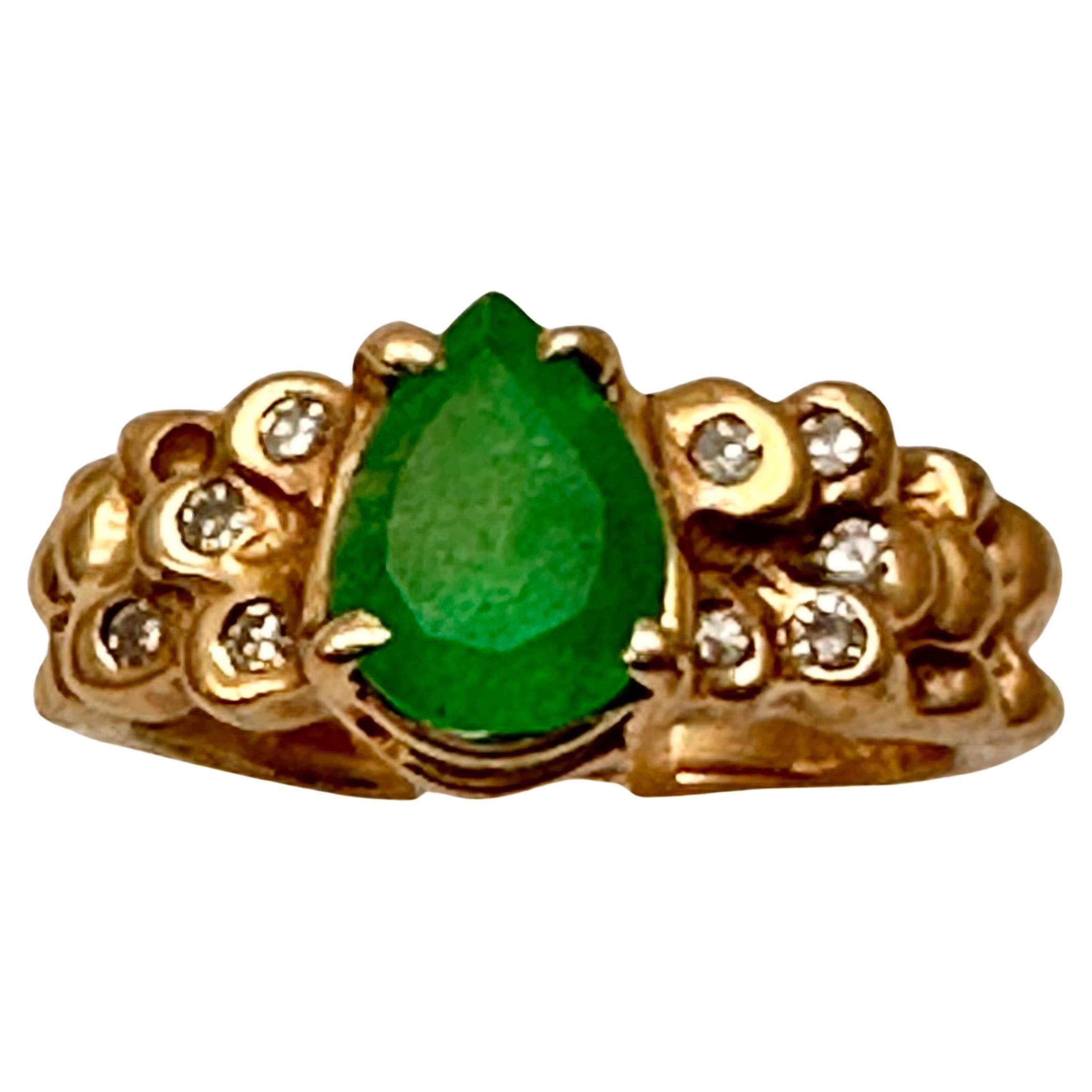 14k Yellow Gold ~ 7mm x 9mm Pear/Teardrop Shaped Emerald Diamond Ring ...