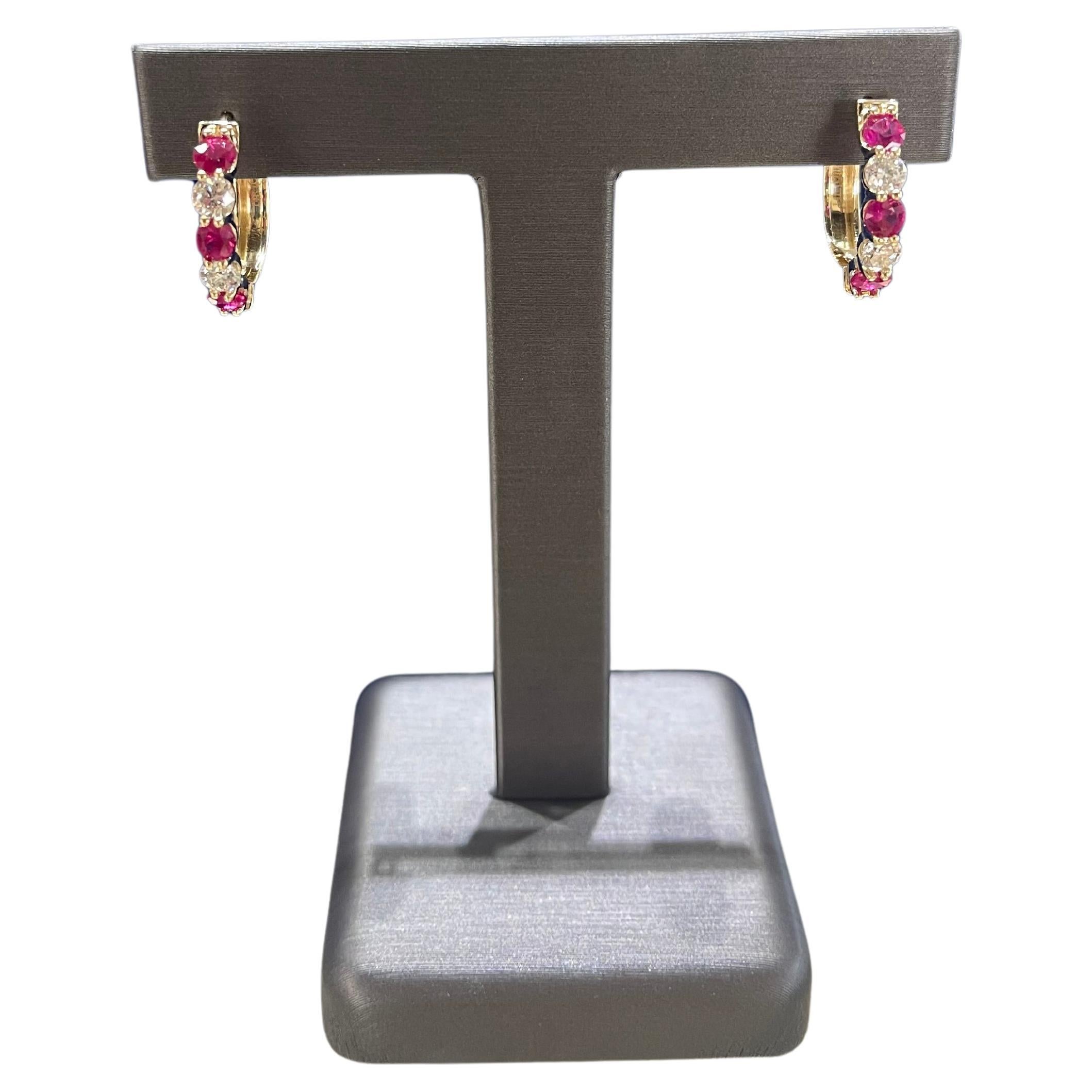 14K Yellow Gold .84 CTW Diamond and 1.54 CTW Ruby Hoops For Sale at 1stDibs