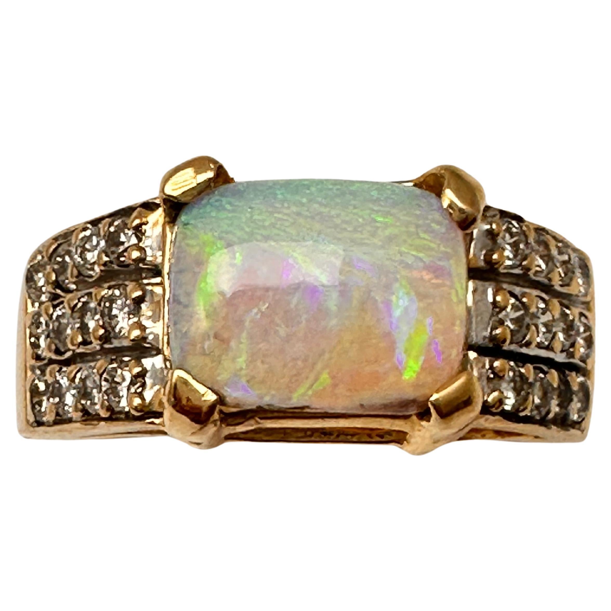 14k Yellow Gold 8mm x 10.5mm Rectangle Australian Opal Diamond Ring ...