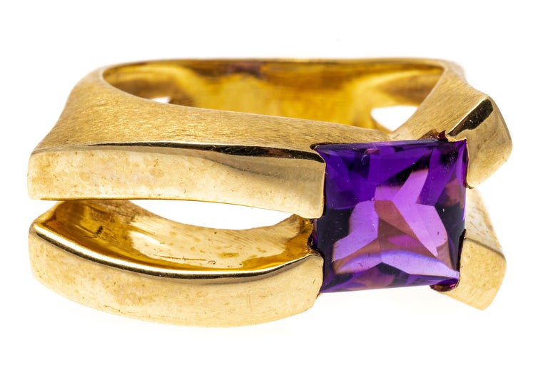 14k Yellow Gold Amethyst Set Contemporary Horizontal Elongated Ring For ...