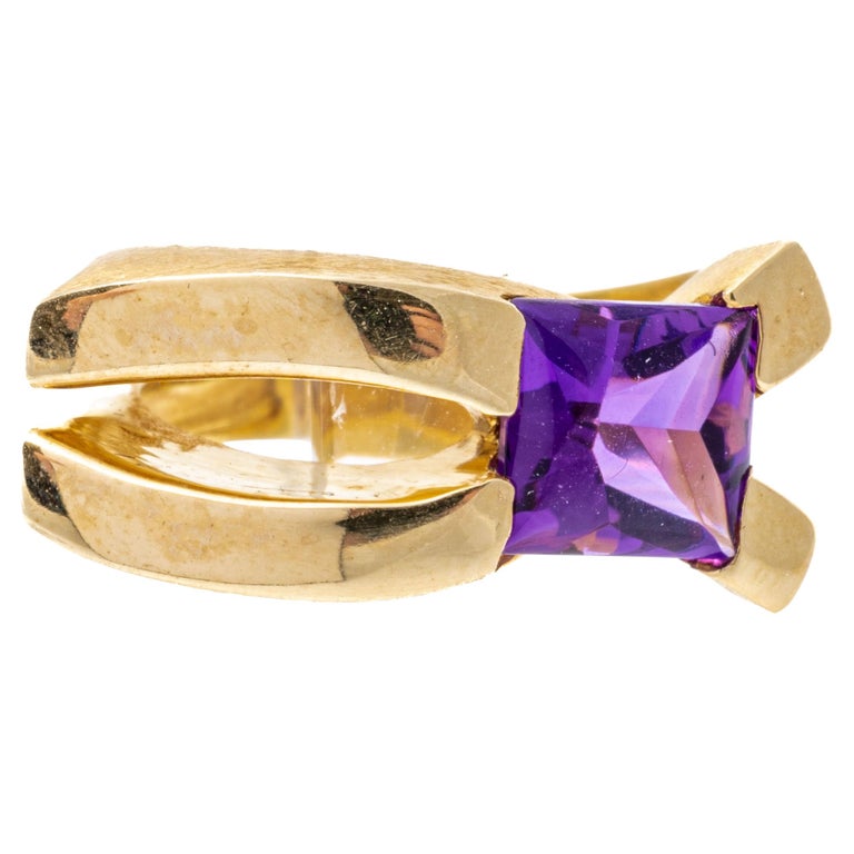 14k Yellow Gold Amethyst Set Contemporary Horizontal Elongated Ring For ...