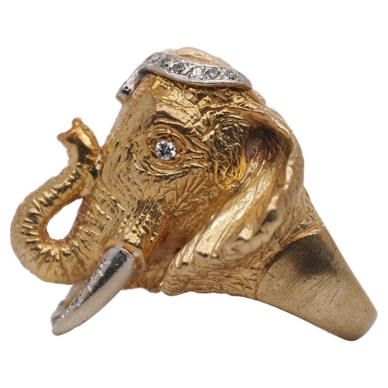 14K Yellow Gold and Diamond Massive Elephant Ring For Sale at 1stDibs