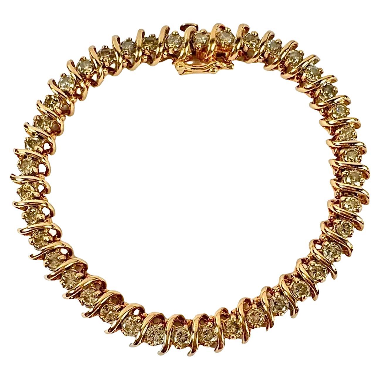 14k Yellow Gold and Diamond Tennis Bracelet For Sale at 1stDibs