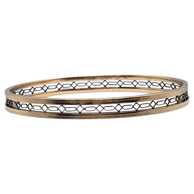 14k Yellow Gold Art Deco Handmade Filigree Bangle Bracelet American ...