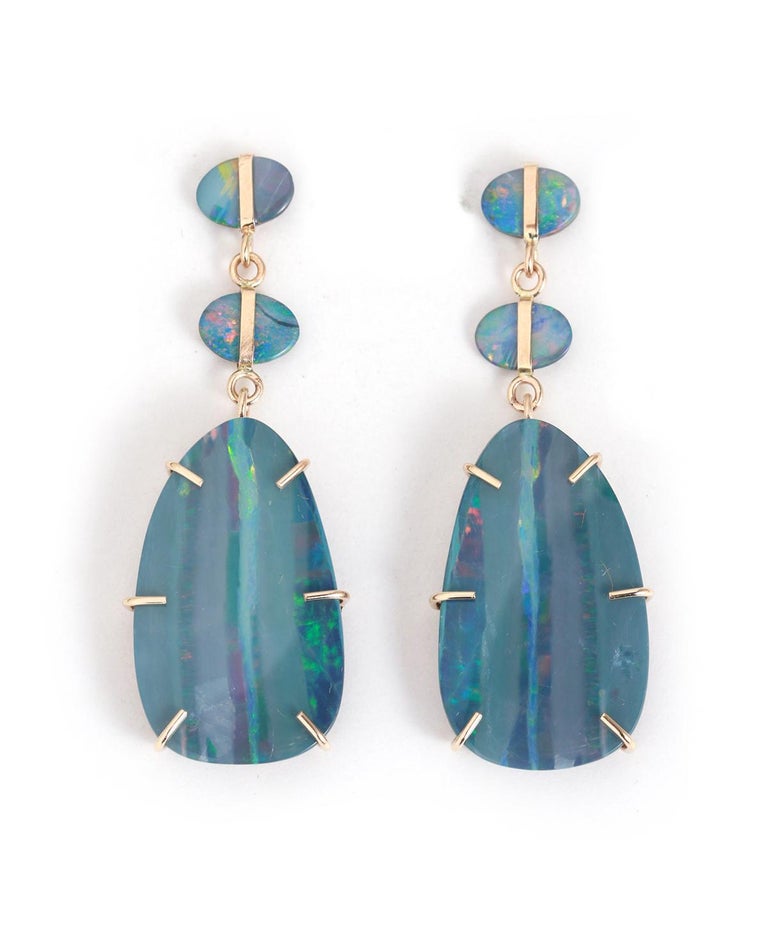 14k Yellow Gold Australian Opal Triple Drop Earrings For Sale at 1stDibs