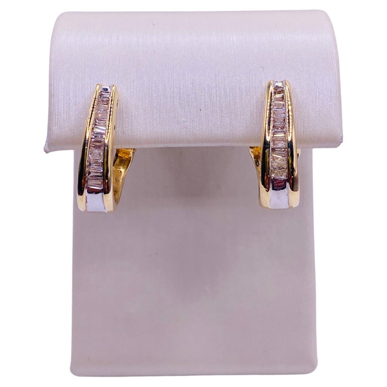 14K Yellow Gold Baguette Diamond Omega Clip Earrings at 1stDibs