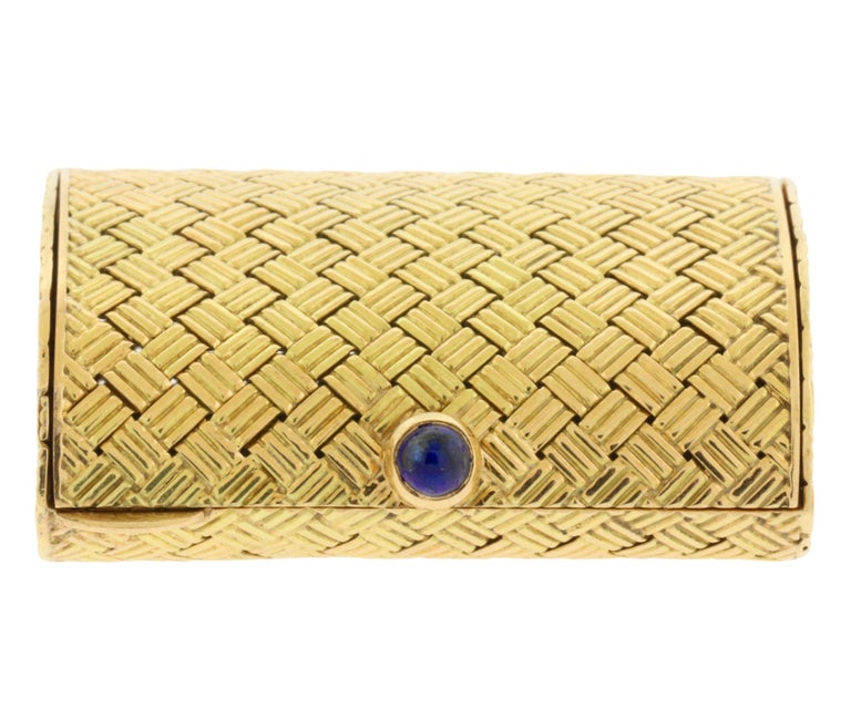 14 Karat Yellow Gold Basket Weave Sapphire Cabochon Pill Box Case Purse ...