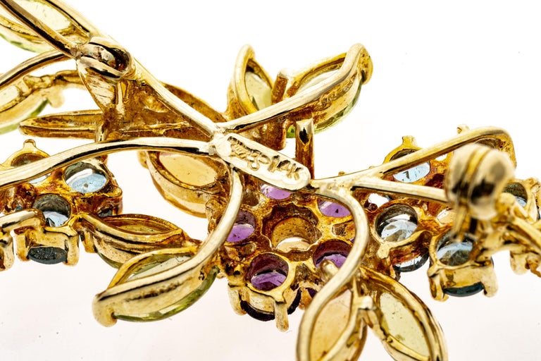 14k Yellow Gold Beautiful Multi-Color Gemstone Flower and Leaf Spray ...