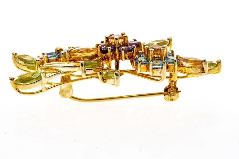 14k Yellow Gold Beautiful Multi-Color Gemstone Flower and Leaf Spray ...