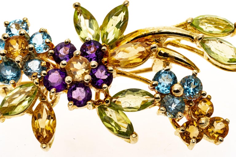 14k Yellow Gold Beautiful Multi-Color Gemstone Flower and Leaf Spray ...