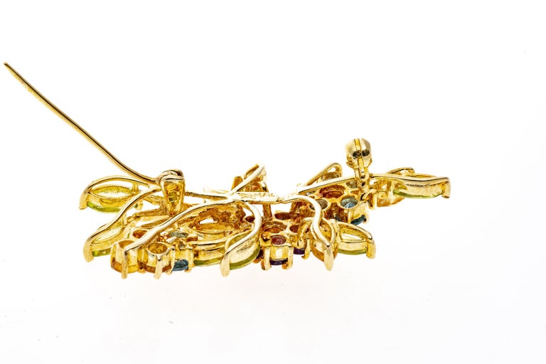 14k Yellow Gold Beautiful Multi-Color Gemstone Flower and Leaf Spray ...