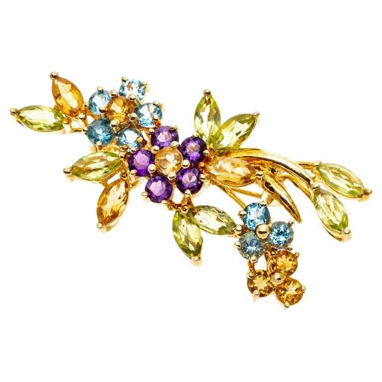 14k Yellow Gold Beautiful Multi-Color Gemstone Flower and Leaf Spray ...