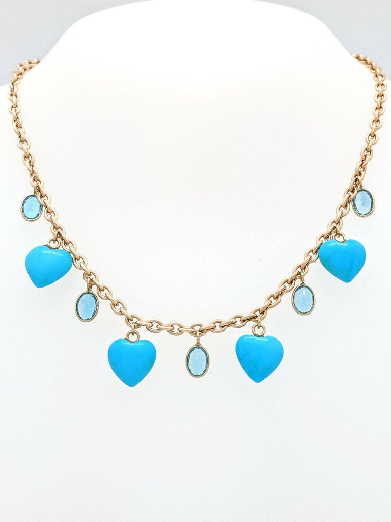 14 Karat Yellow Gold Blue Topaz Turquoise Heart Necklace For Sale at ...