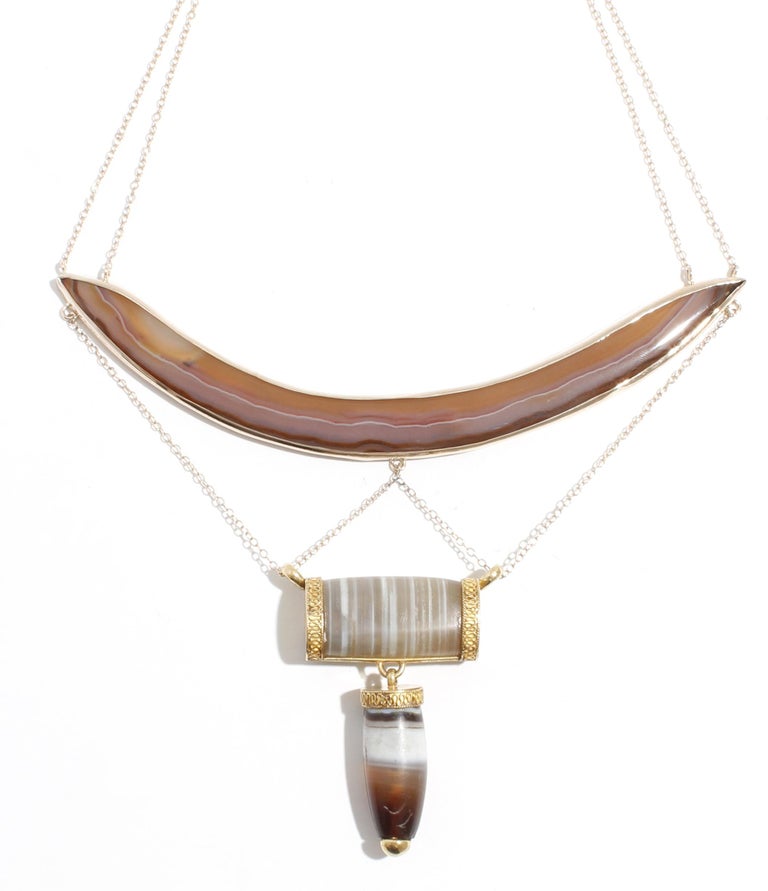 14k Yellow Gold Brazilian Agate and Vintage Charm Collar Necklace For ...