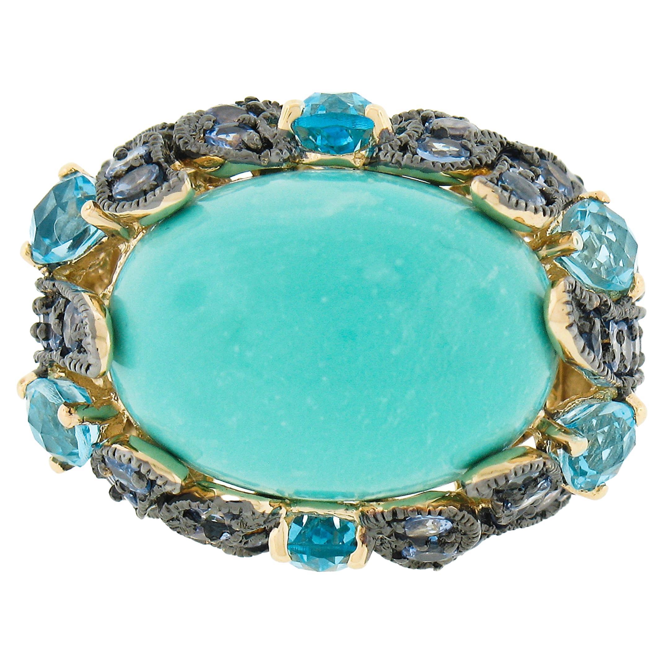 Vintage 14k Yellow Gold Oval Cabochon Bezel Set Turquoise Grooved ...