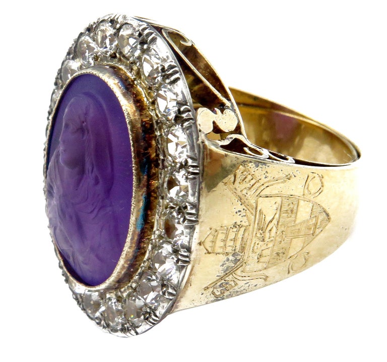 14 Karat Yellow Gold Carved Amethyst Cameo Paste Bishop’s Ring at 1stDibs